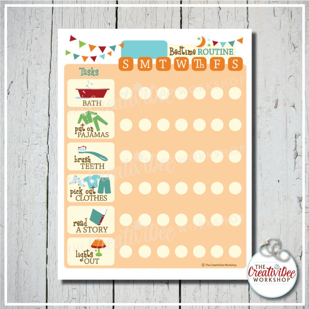 Bedtime Printable Routine or Chore Chart, DAILY, Orange, EDITABLE NAME ...