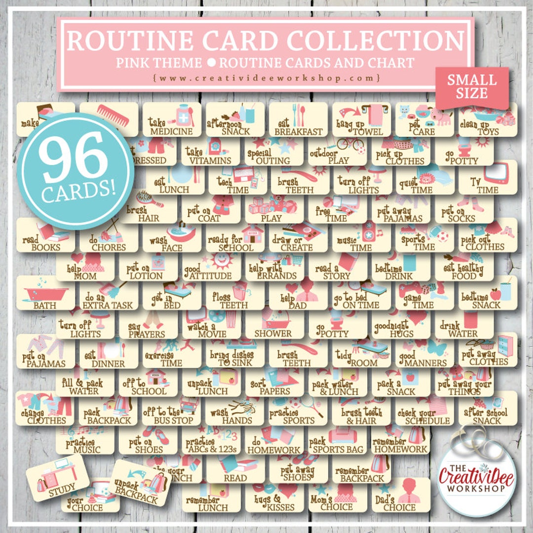 Children's Printable ROUTINE Cards and Chart, 96 Pink Cards, Editable ...