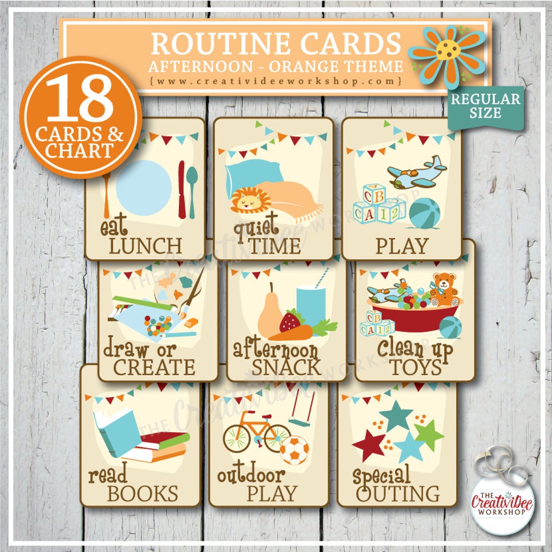 Printable Afternoon Routine Cards for Children, Orange, 18 Regular Size ...