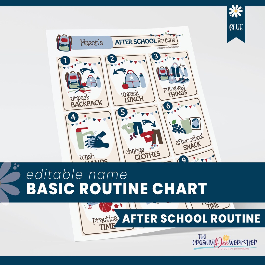 After School Routine Chart, Blue Daily Rhythm Chart, Kid's Personalized ...