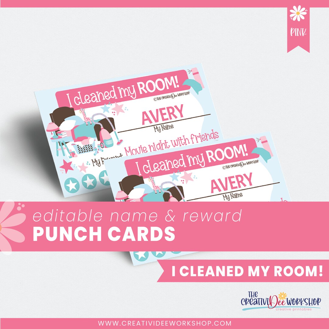 Printable Cleaned My Room Punch Card, Editable Name & Reward, Pink ...