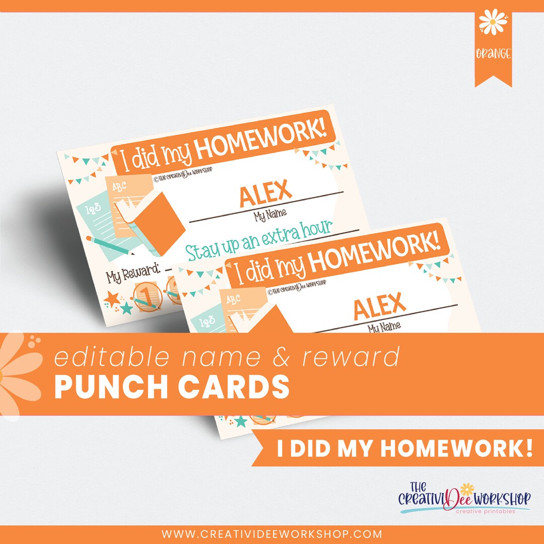 Homework Punch Card, Editable Name and Reward, Orange Printable Punch ...