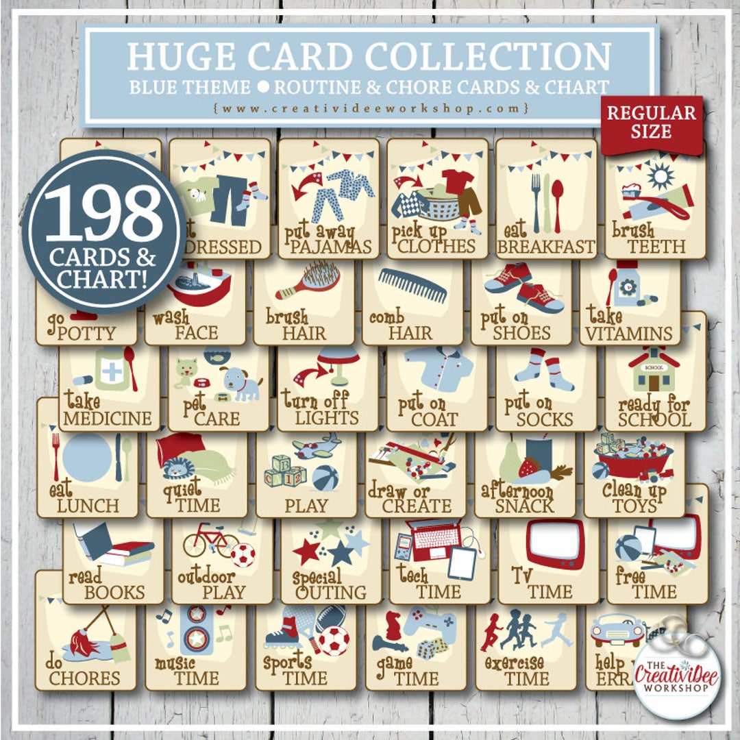 BUNDLE Printable Routine AND Chore Cards for Kids, Blue, 198 Regular ...