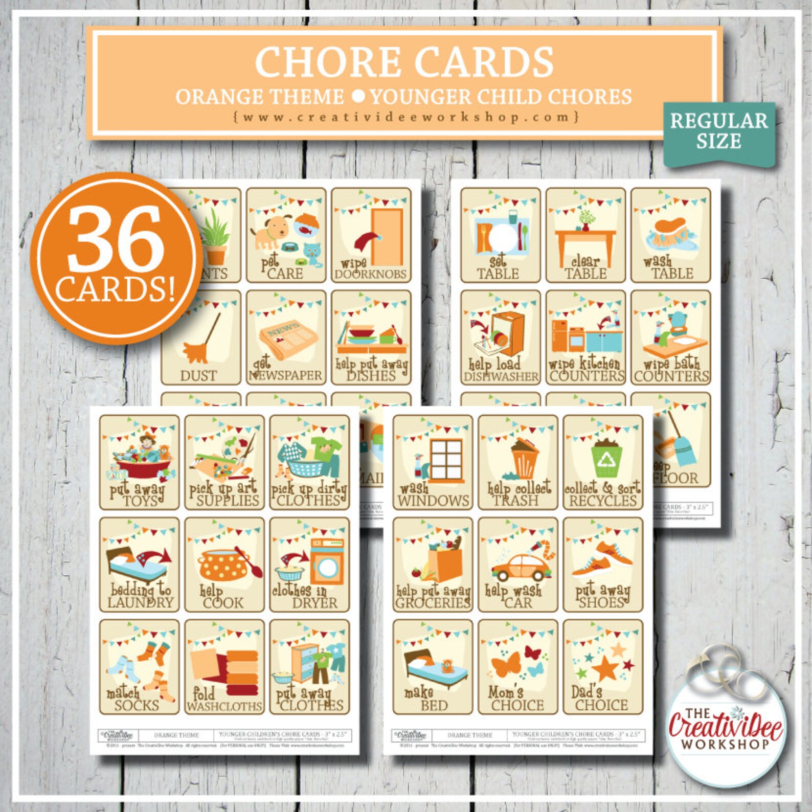 Printable Chore Cards for Younger Children Orange 36 Cards | Etsy