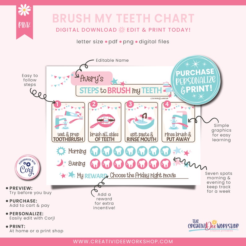 Children's Printable Brush My Teeth Chart, Editable Name and Reward ...