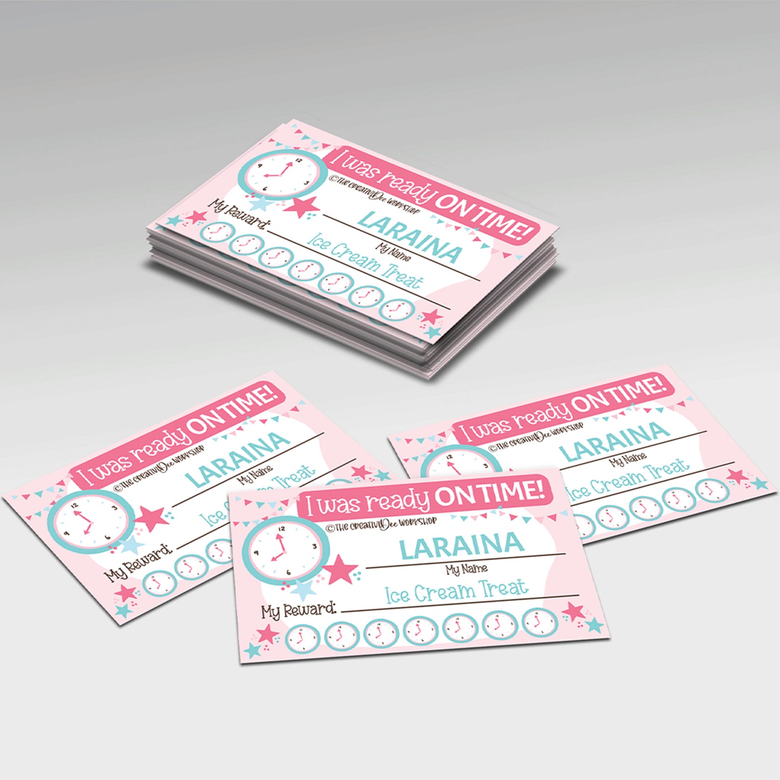 Printable Pink Ready on Time Punch Card for Kids, Editable Name ...