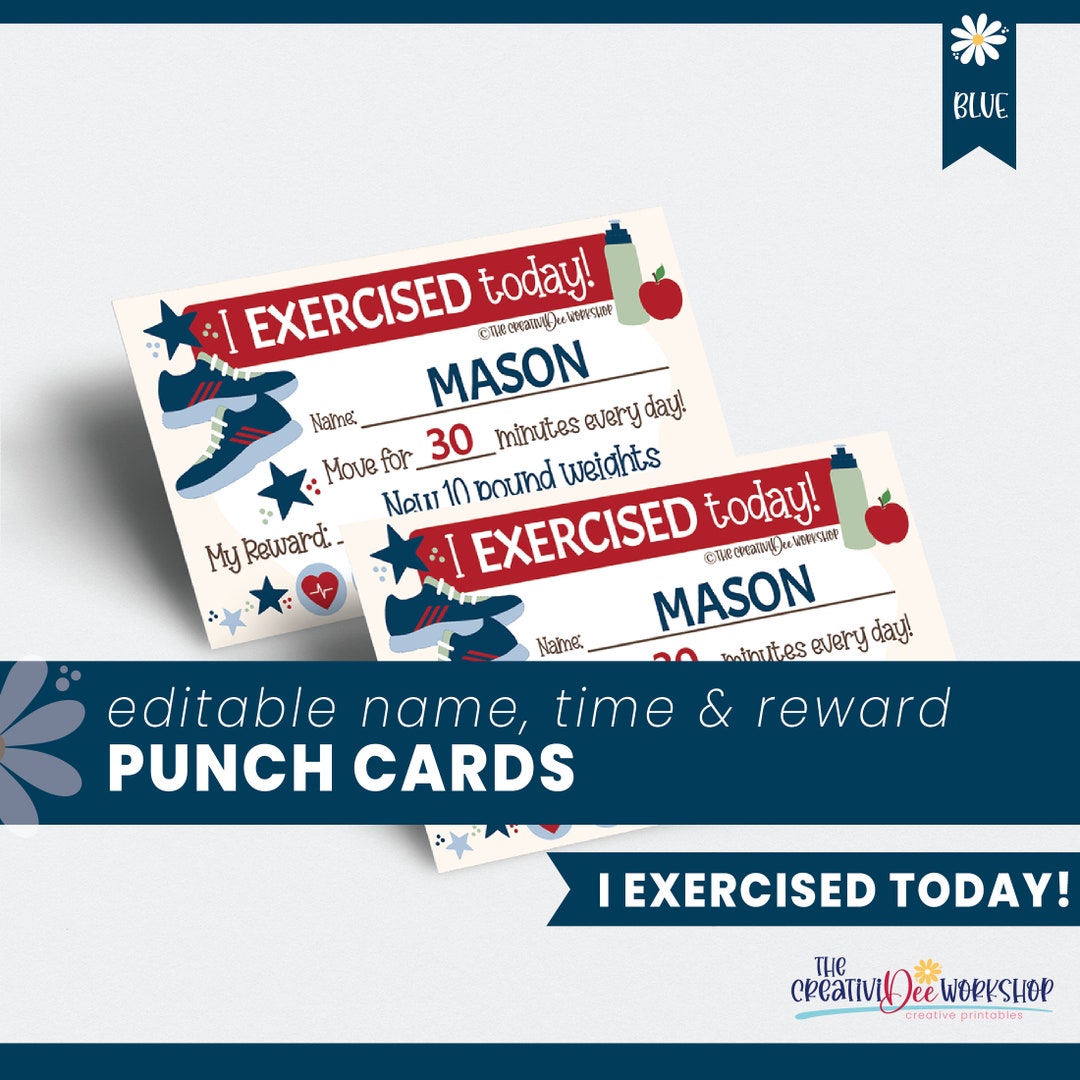 Printable Exercise Punch Card, Editable Name, Time & Reward, Blue Theme ...