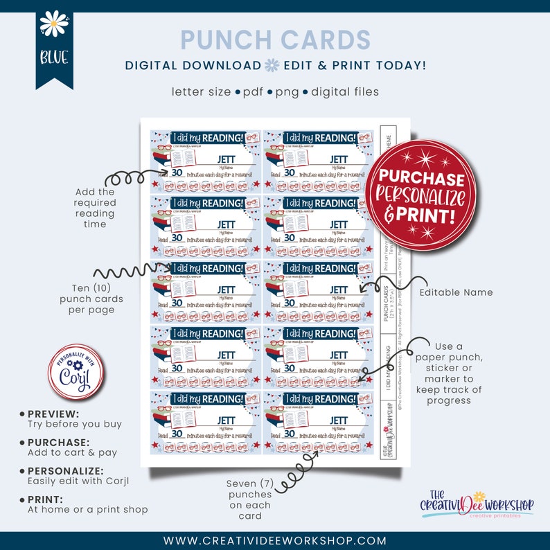 Printable Reading Punch Card for Kids, Blue, Editable Name & Reward ...