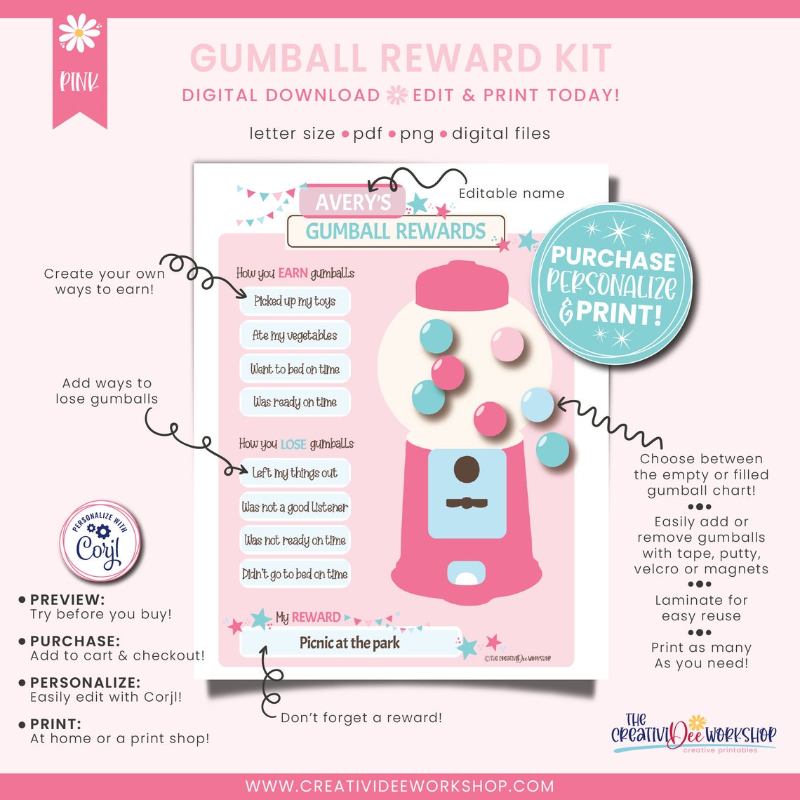 Printable Children's Gumball Reward Chart, Personalizable, Editable ...