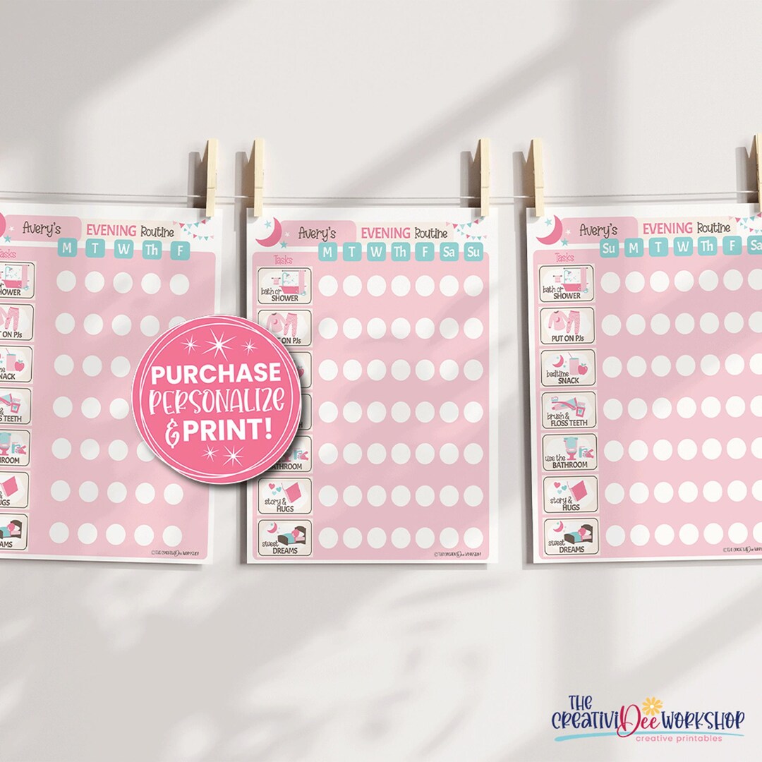 Evening Routine Chart for Children With Editable Name, Kid's Printable ...