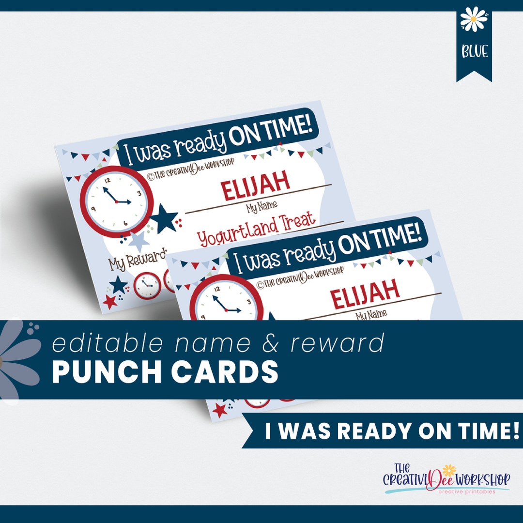 Printable Ready on Time Punch Card, Time Tracker for Kids, Blue Cards ...