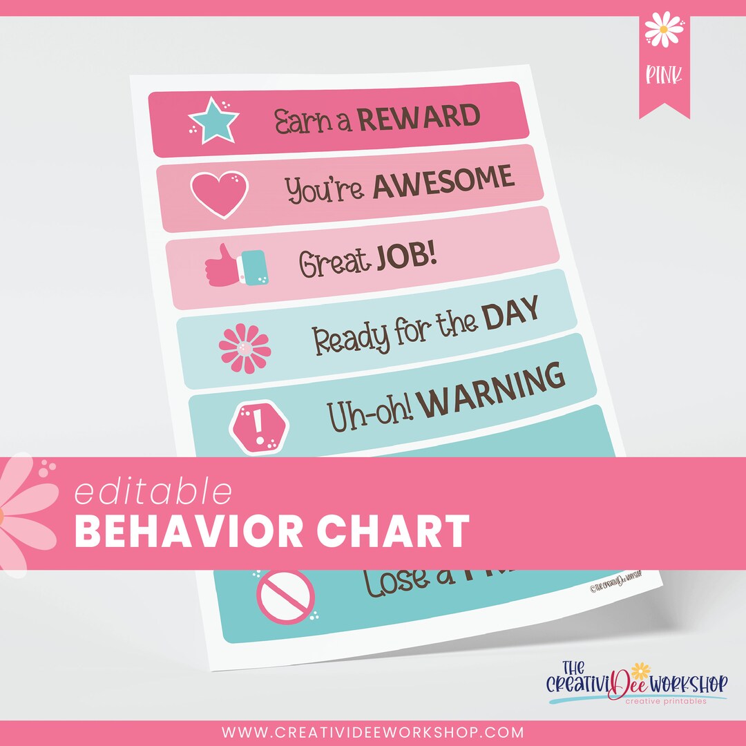 Printable Behavior Chart, Editable, Pink Theme, Children's Learning ...