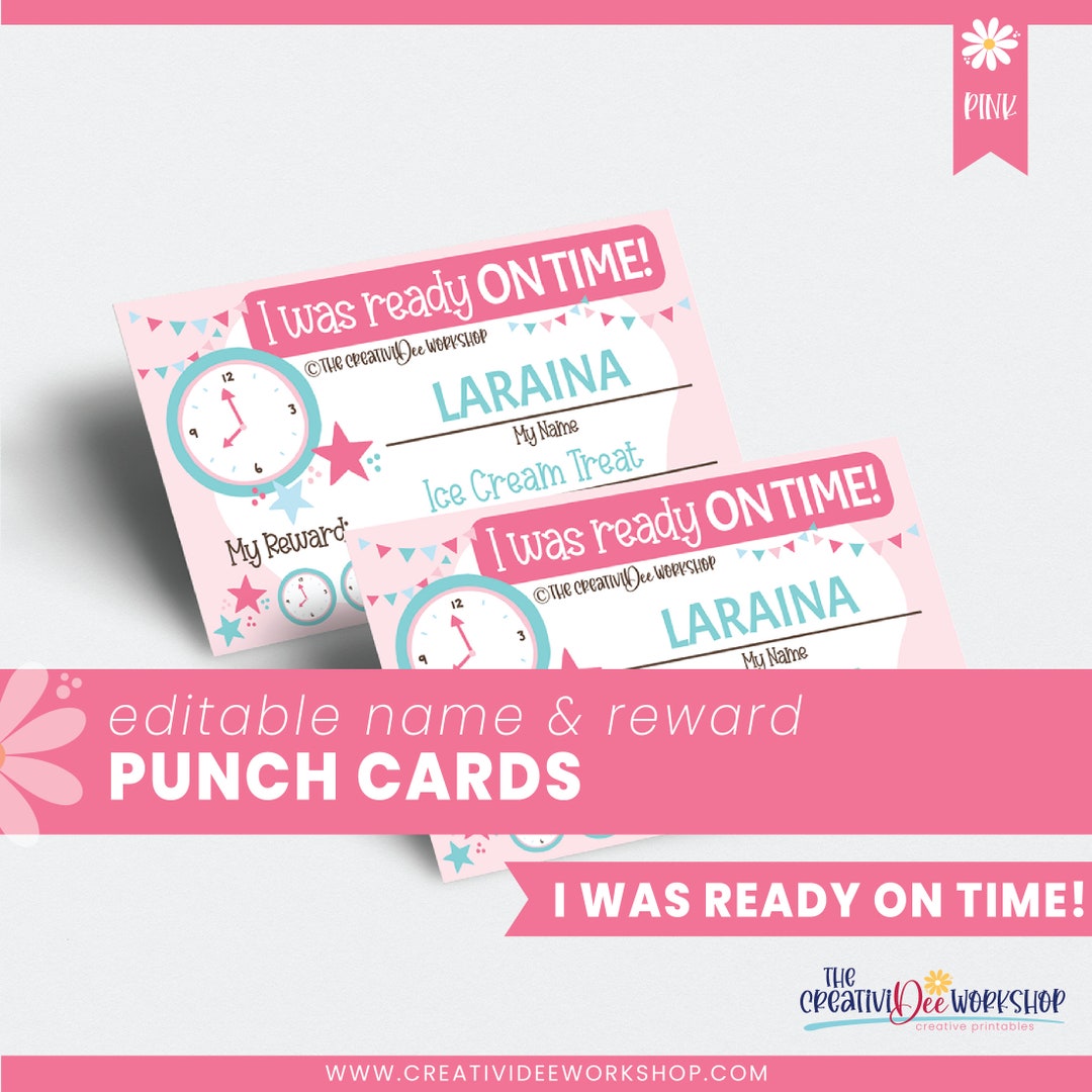 Printable Ready on Time Punch Card for Kids, Pink Time Tracker ...