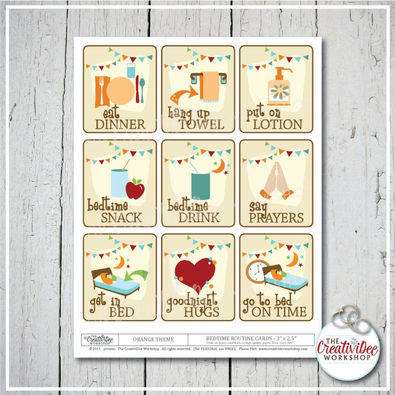 Bedtime Routine Cards for Children 18 Printable Orange Cards - Etsy