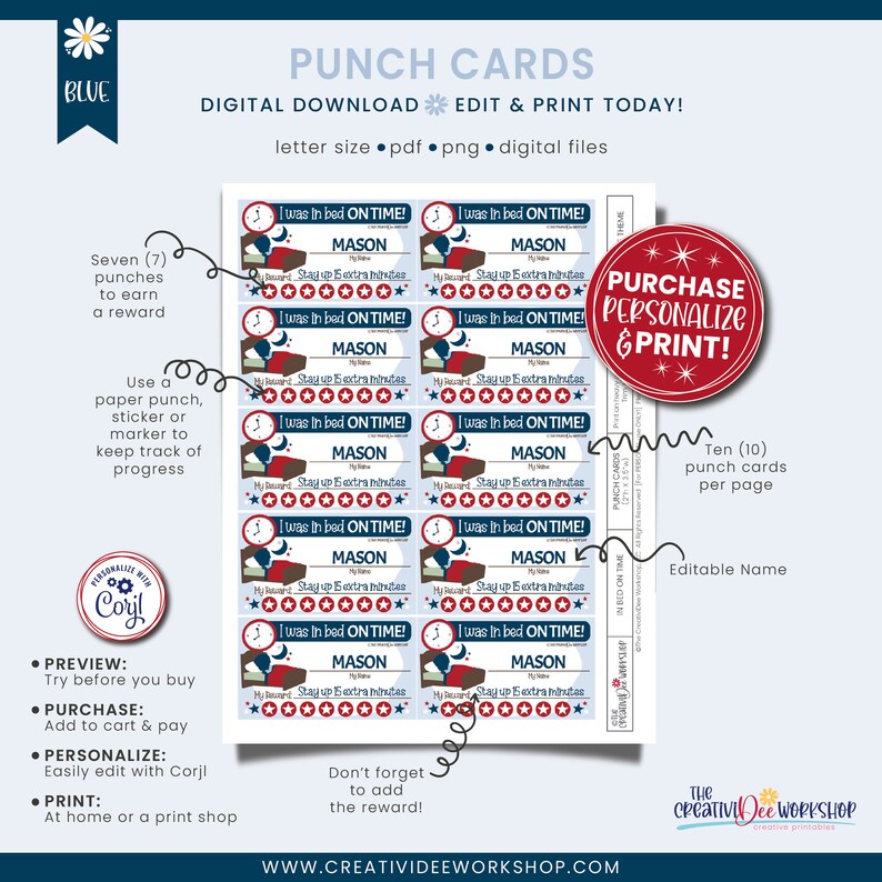 Printable in Bed on Time Punch Card for Children, Blue Evening Routine ...