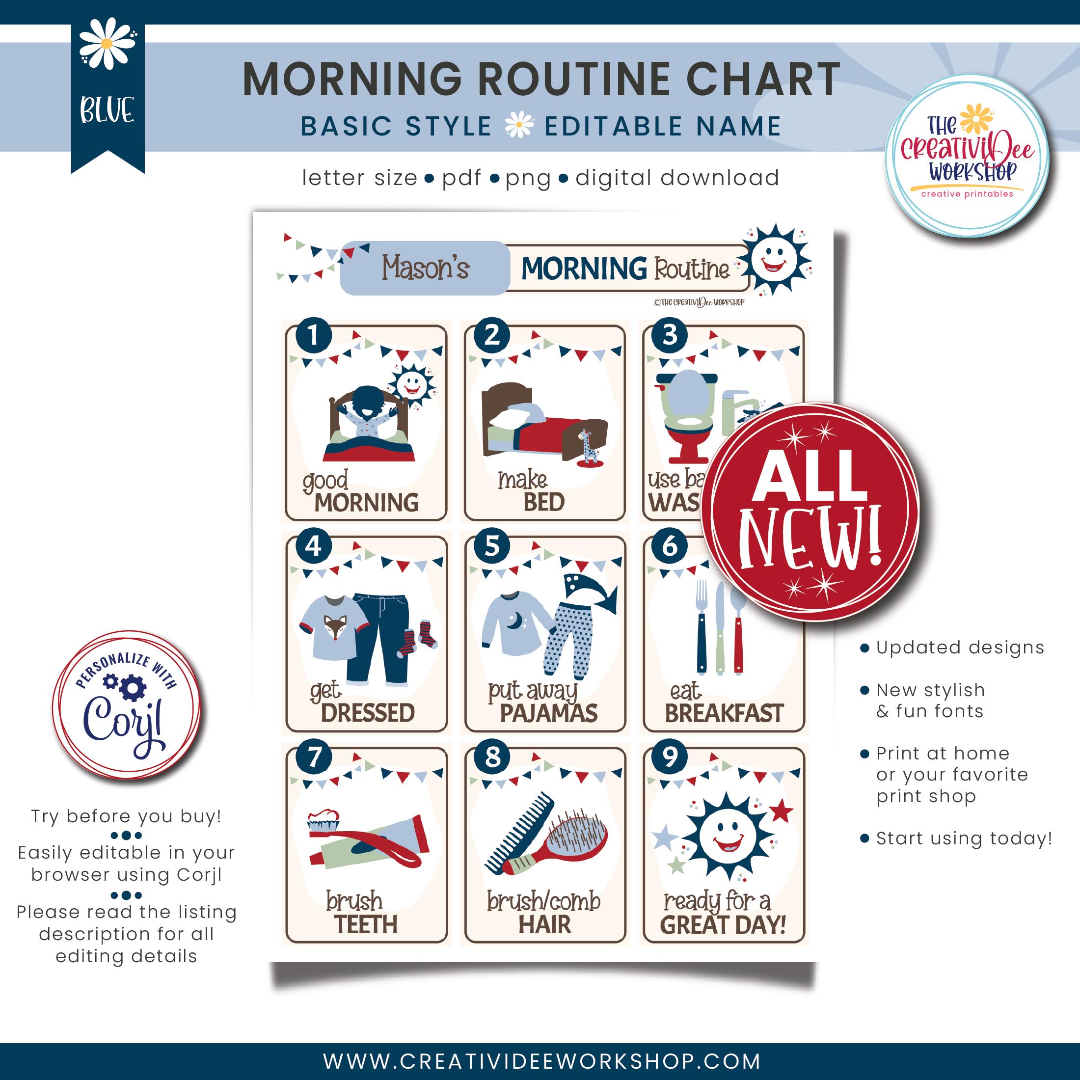 Personalized Morning Routine Chart, Blue Visual Checklist (printable ...
