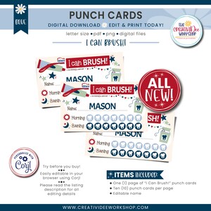 Printable Brush Teeth Punch Card for Children, Editable Name, Blue ...