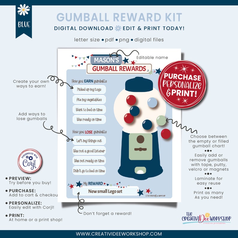 Gumball Reward Chart for Children, Blue Editable Goal Tracker for Kids ...