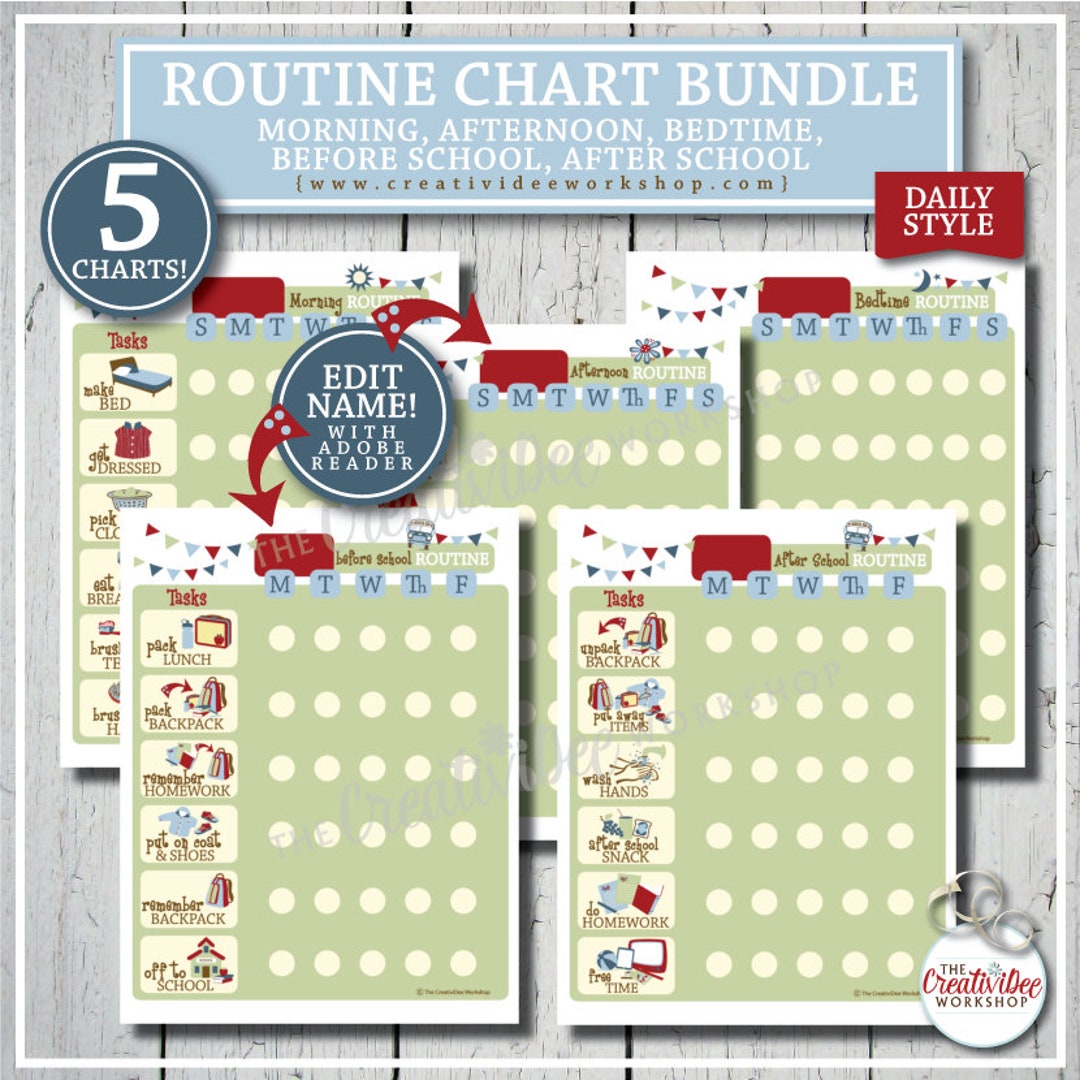 Children's Daily Routine Chart Bundle, Editable Name, Blue (digital ...