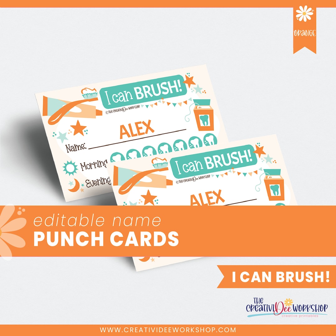 Brush Teeth Punch Card for Children, Editable Name, Orange Printable ...