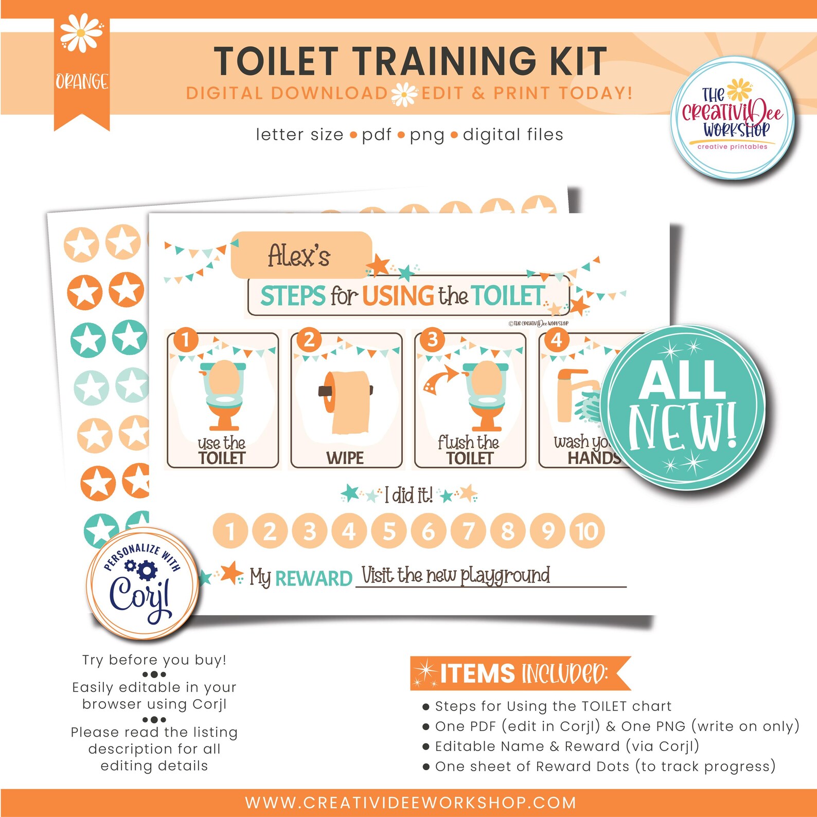 TOILET Training Chart for Kids, Printable Orange Toddler Routine Chart ...