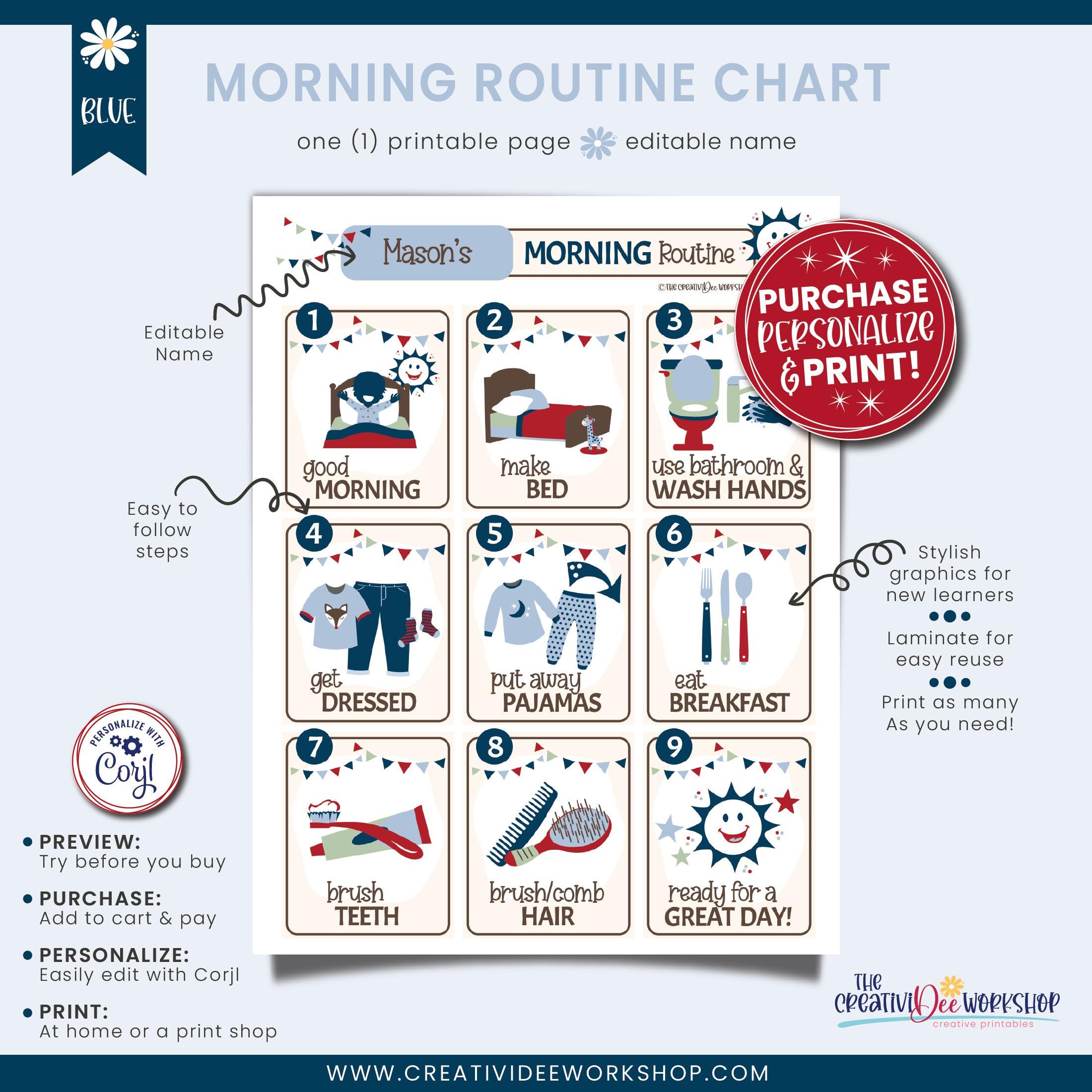Morning Routine Chart for Children, Personalized Basic Style Chart, Kid ...