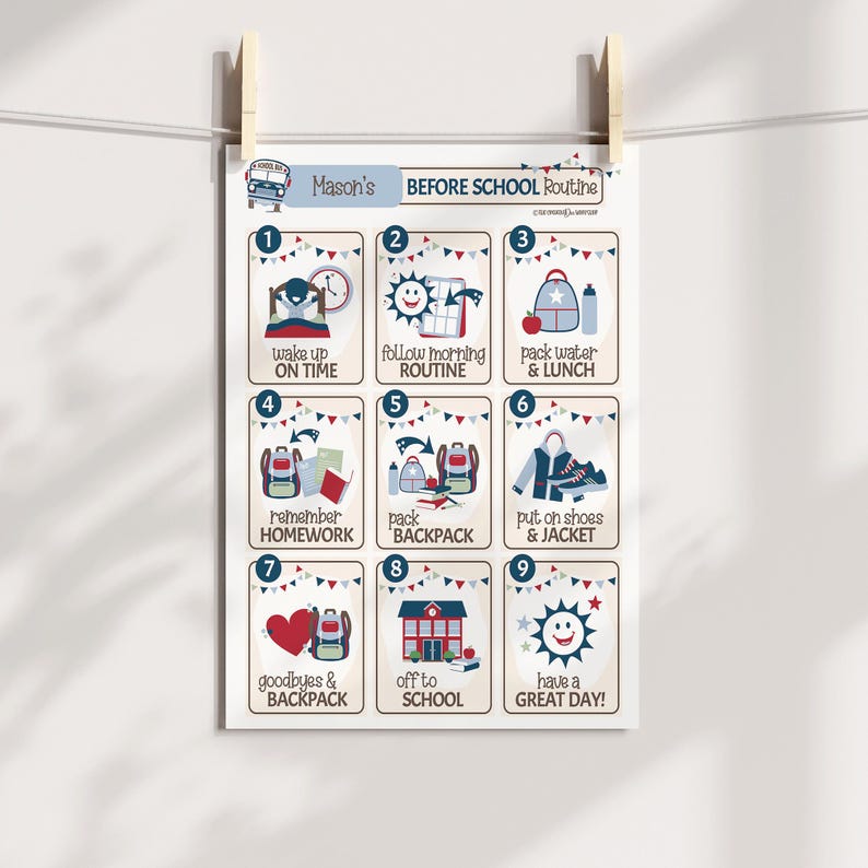Before School Routine Chart for Children, Blue Basic Daily Rhythm Chart ...