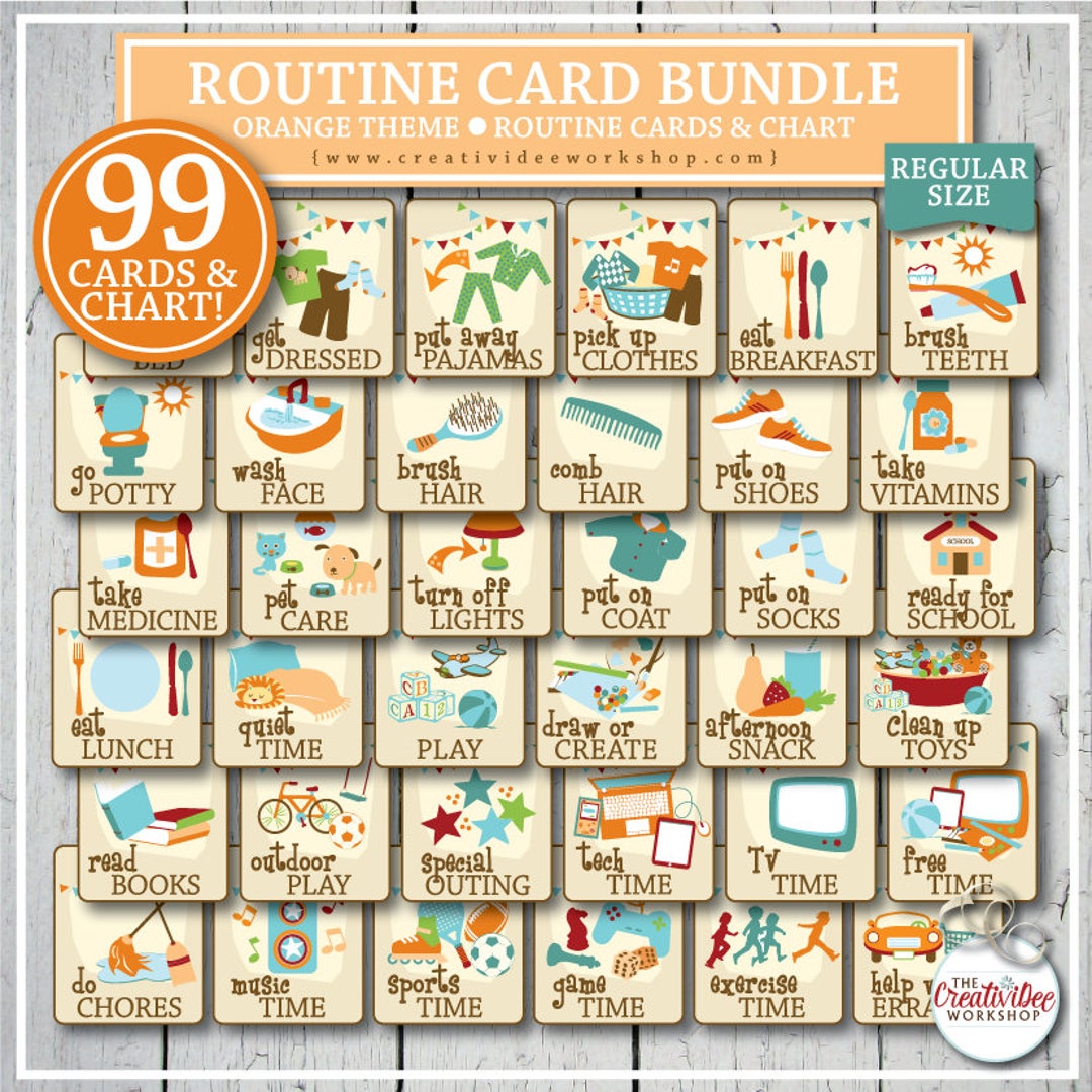 Printable ROUTINE CARD BUNDLE for Kids, 99 Orange Cards, Regular Size ...