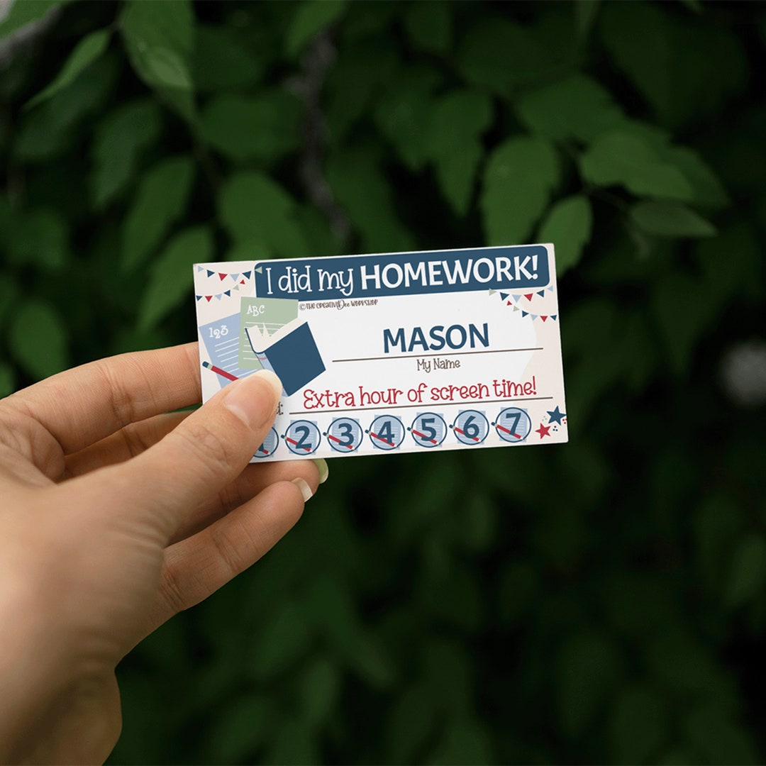 Homework Punch Card for Children, Editable Name and Reward, Blue ...