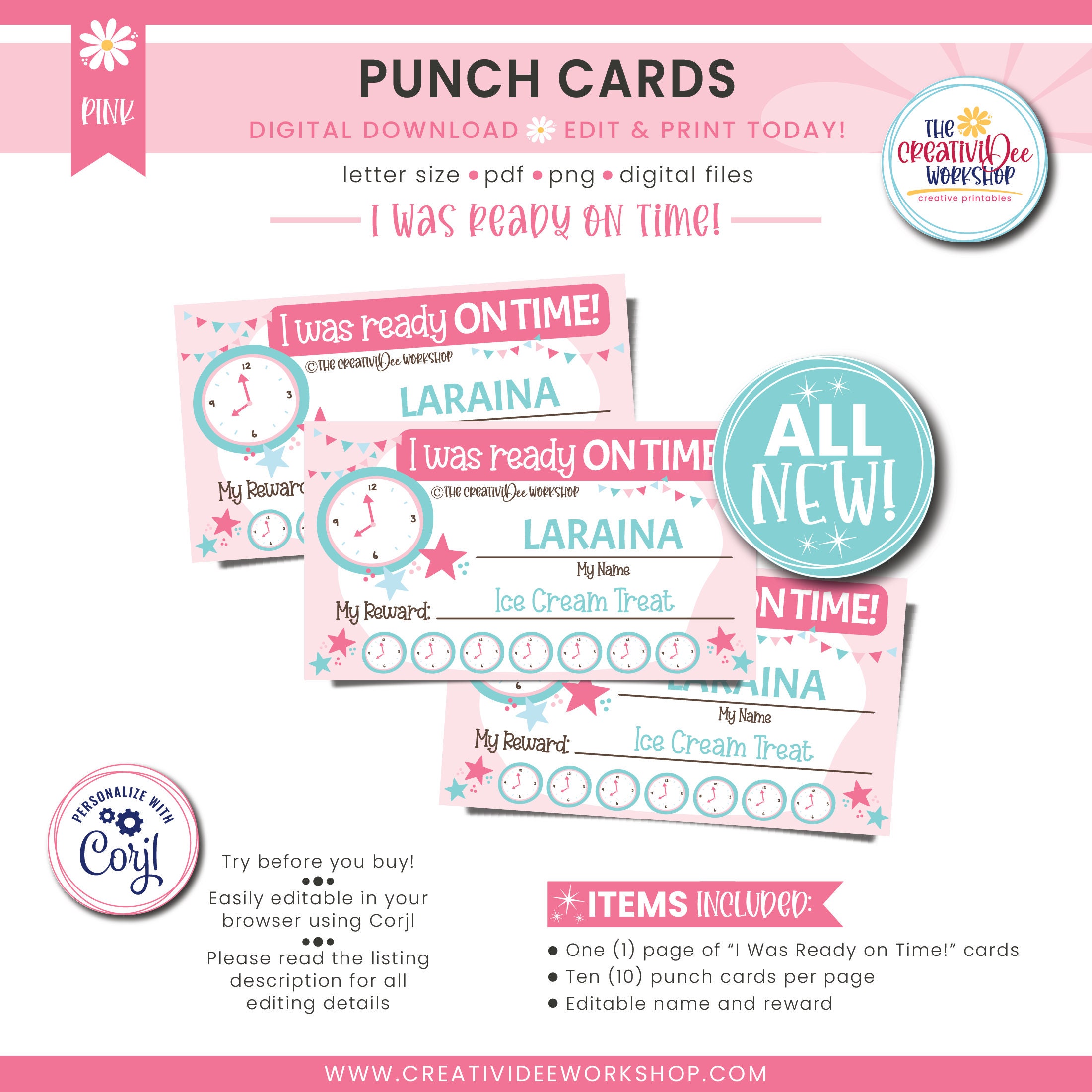 Printable Pink Ready on Time Punch Card for Kids, Editable Name ...