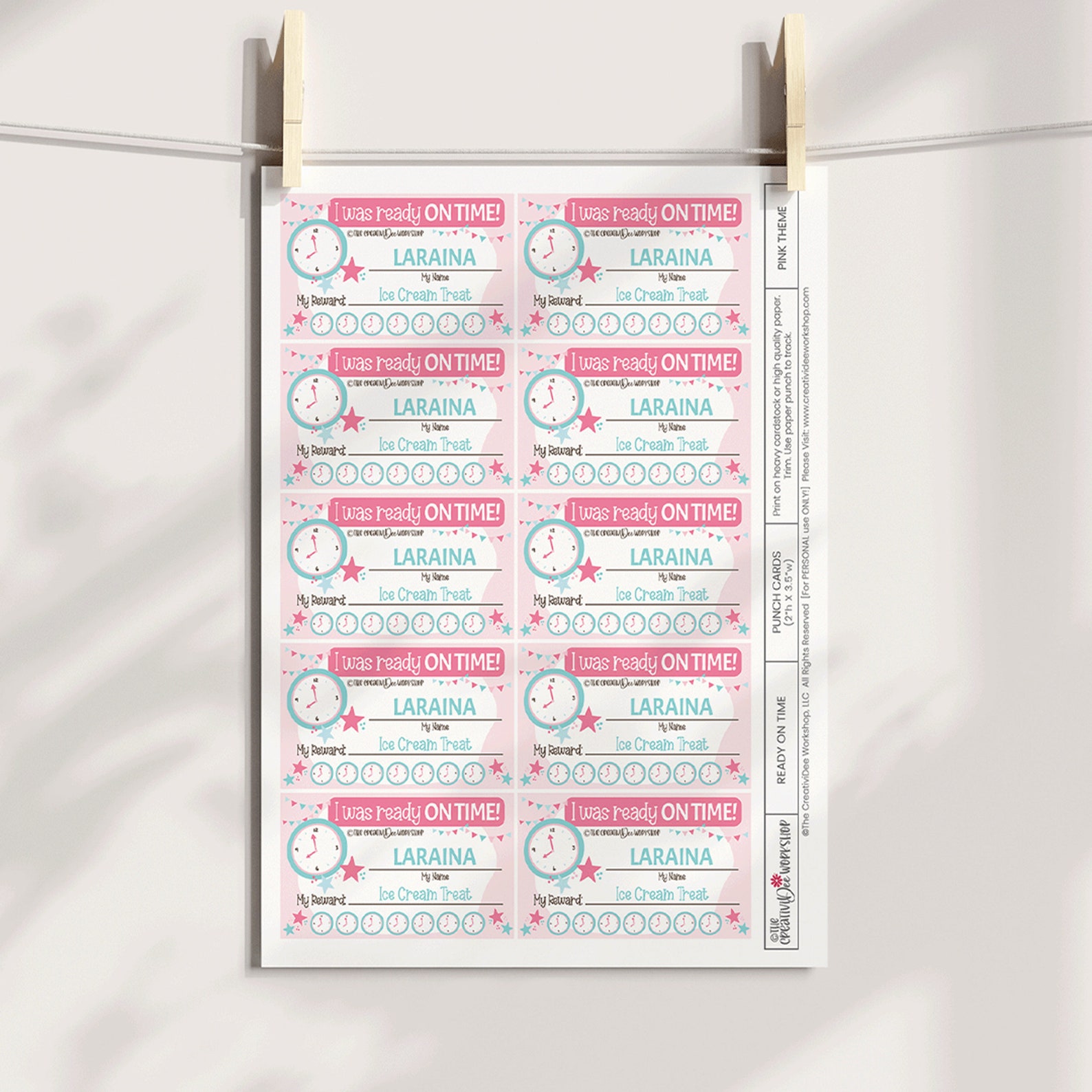 Printable Pink Ready on Time Punch Card for Kids, Editable Name ...