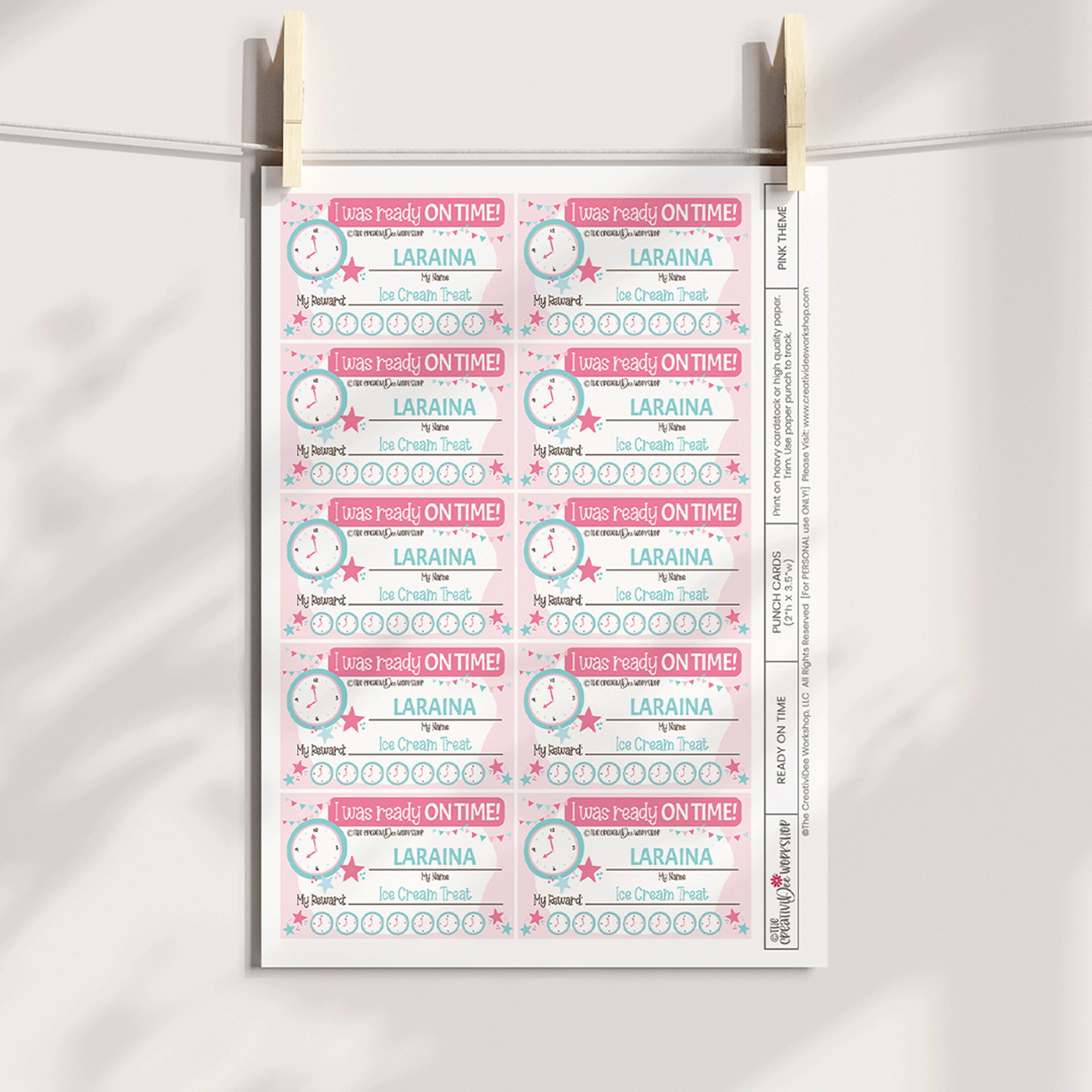 Printable Pink Ready on Time Punch Card for Kids, Editable Name ...