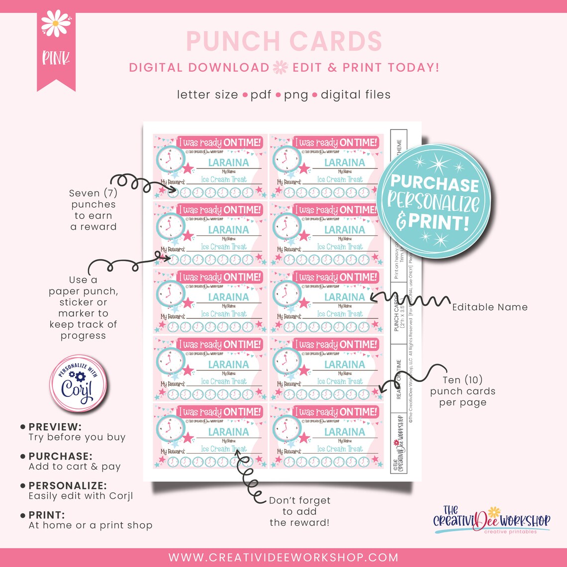 Printable Pink Ready on Time Punch Card for Kids, Editable Name ...