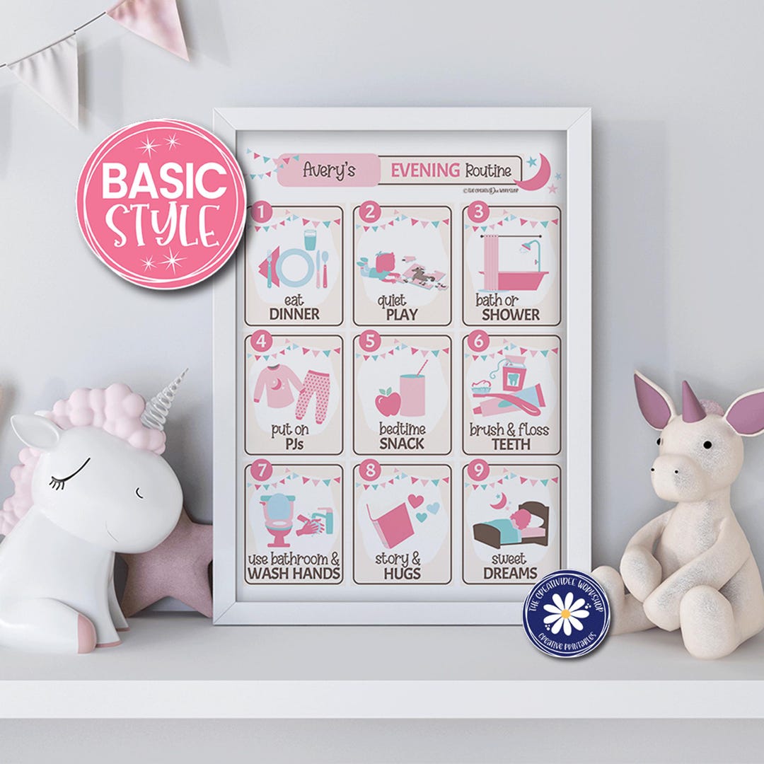Evening Routine Chart for Children, Pink Daily Bedtime Tasks, Kid's ...