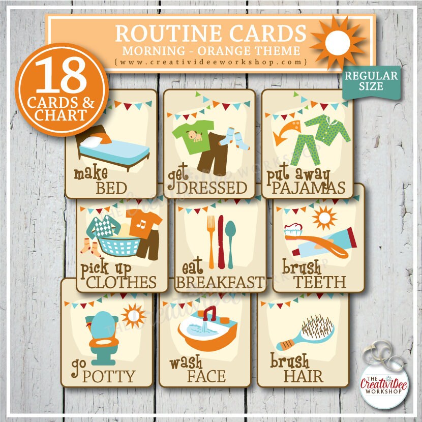 Morning Routine Cards 18 Cards Print at Home Orange | Etsy
