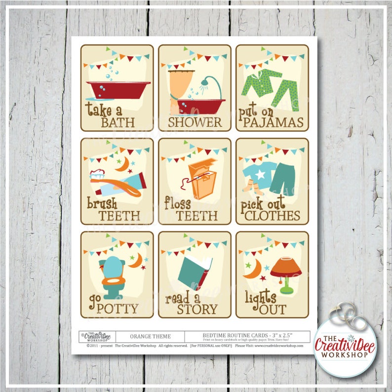 Bedtime Routine Cards for Children 18 Printable Orange Cards - Etsy