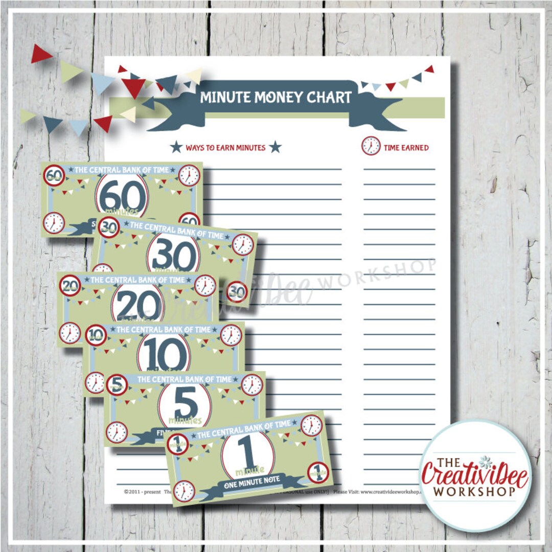 Printable Screen Time Reward Chart, Minute Money, Blue Theme (instant ...