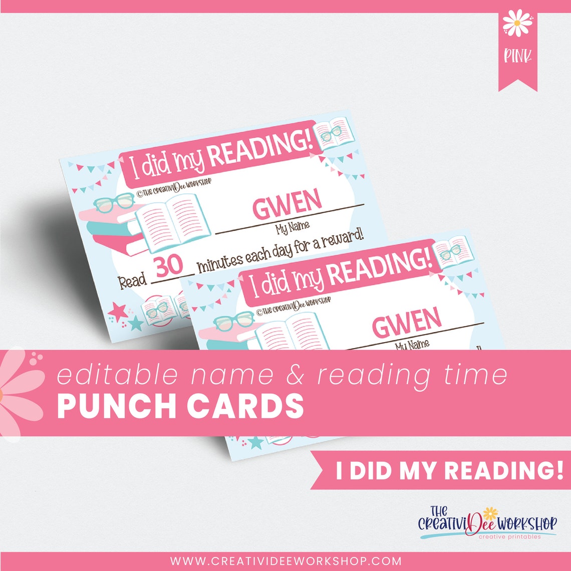 Printable Reading Punch Card for Kids, Editable Name and Time, Pink ...