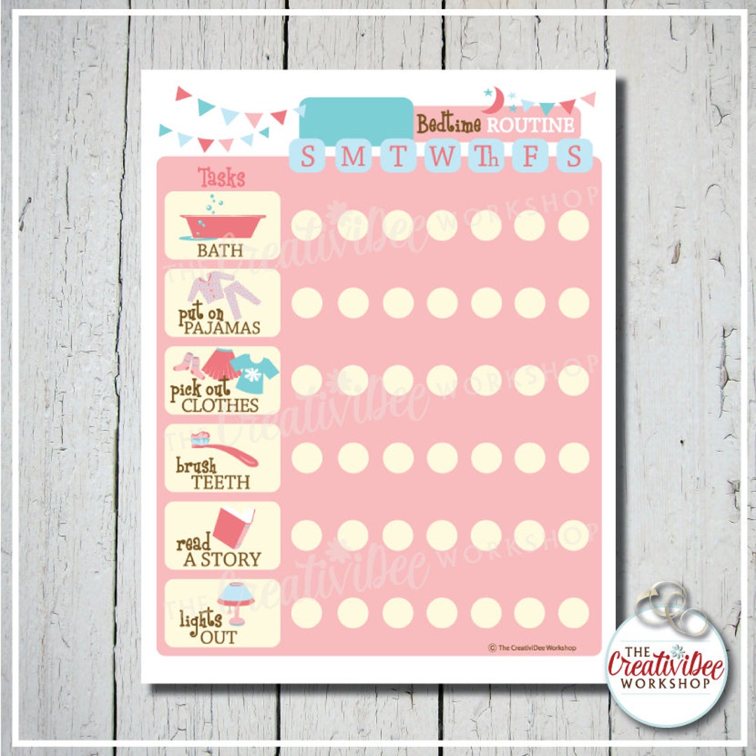 Printable Bedtime Routine Chart for Kids, EDITABLE NAME, Pink, Girl ...