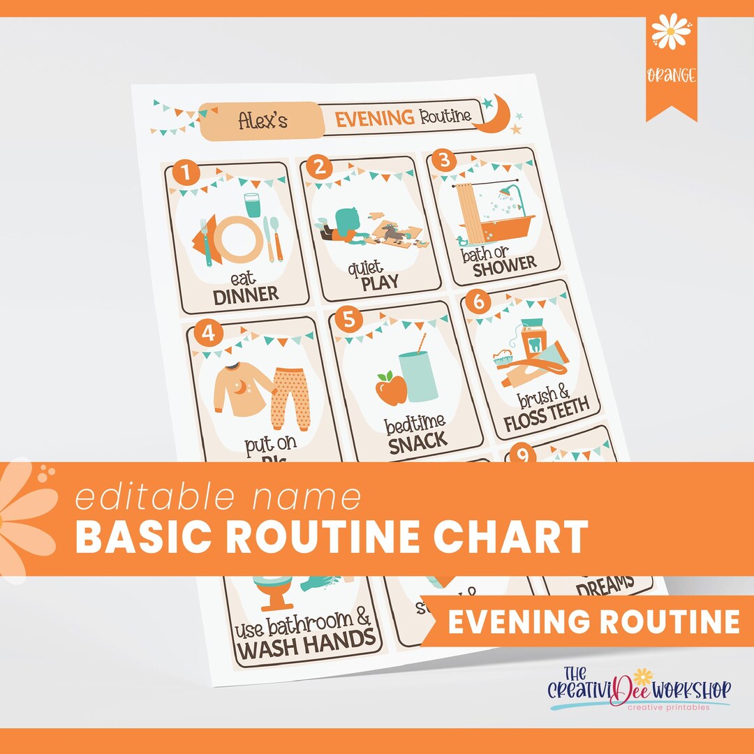 Evening Routine Chart for Children, Orange Daily Bedtime Tasks, Kid's ...