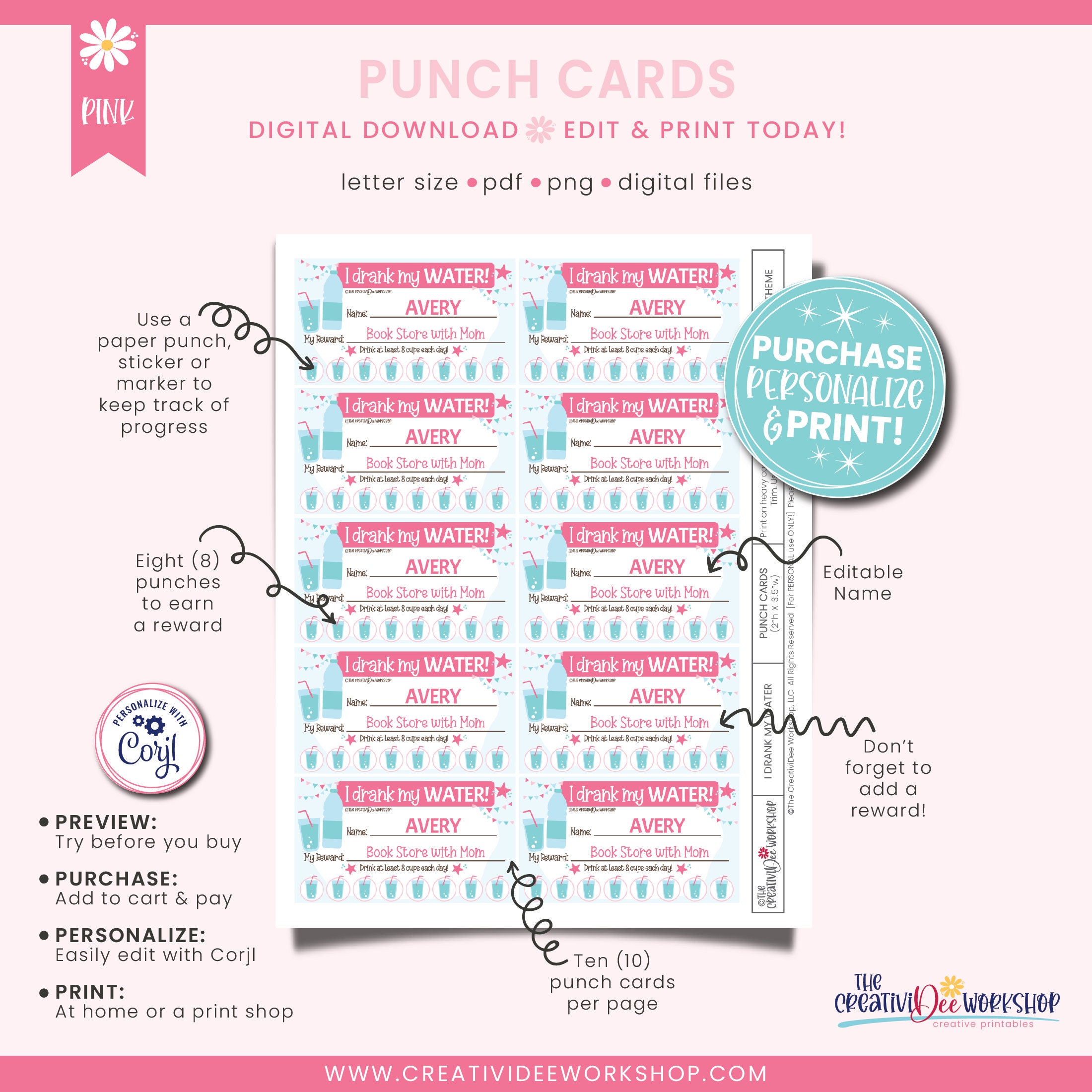 Water Tracker Punch Cards, Editable Name and Reward, Healthy Habit ...