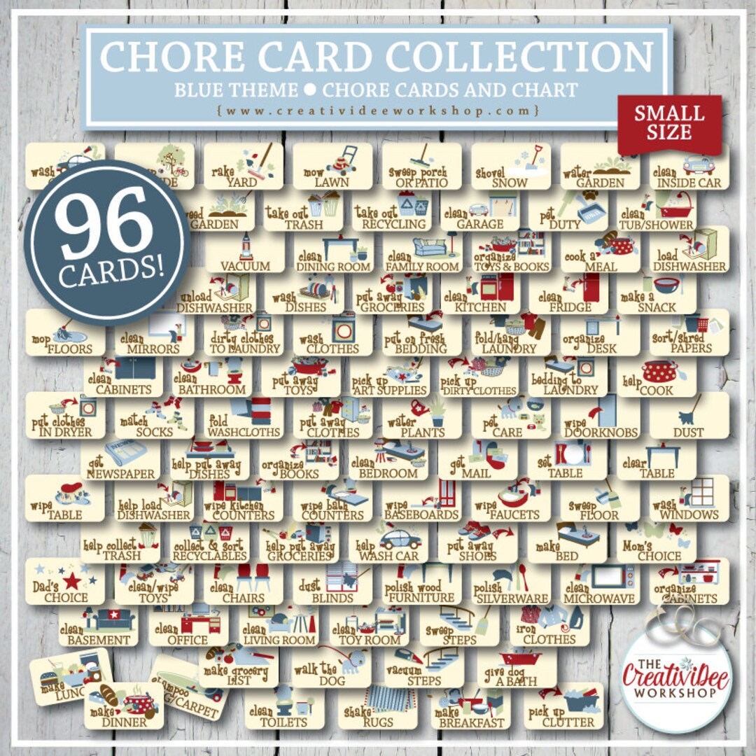 Children's CHORE Cards and Chart, 96 Printable Cards Total, Blue, Small ...