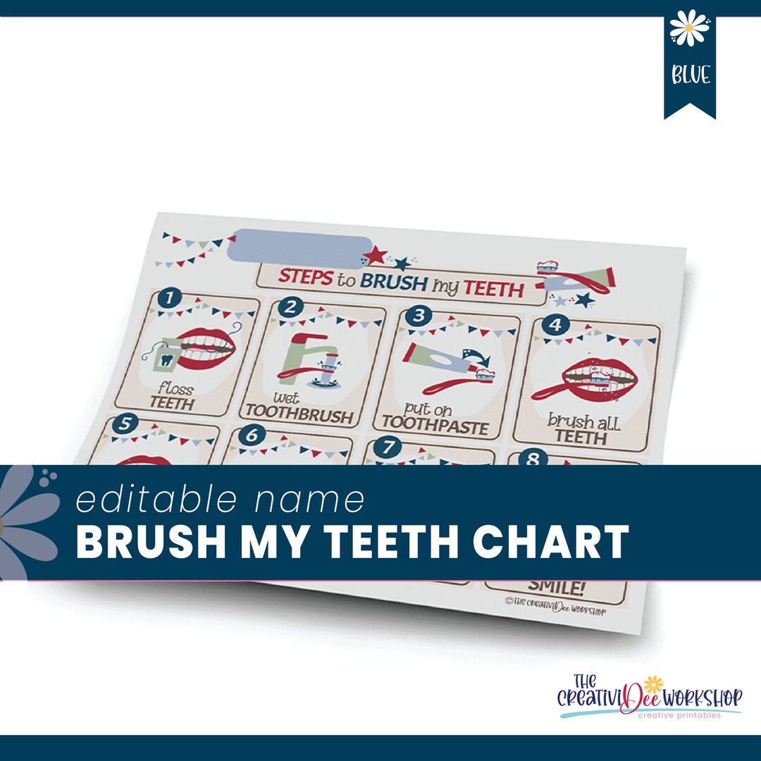 Printable Brush My Teeth Chart, Children's Routine, Editable Name, Blue ...