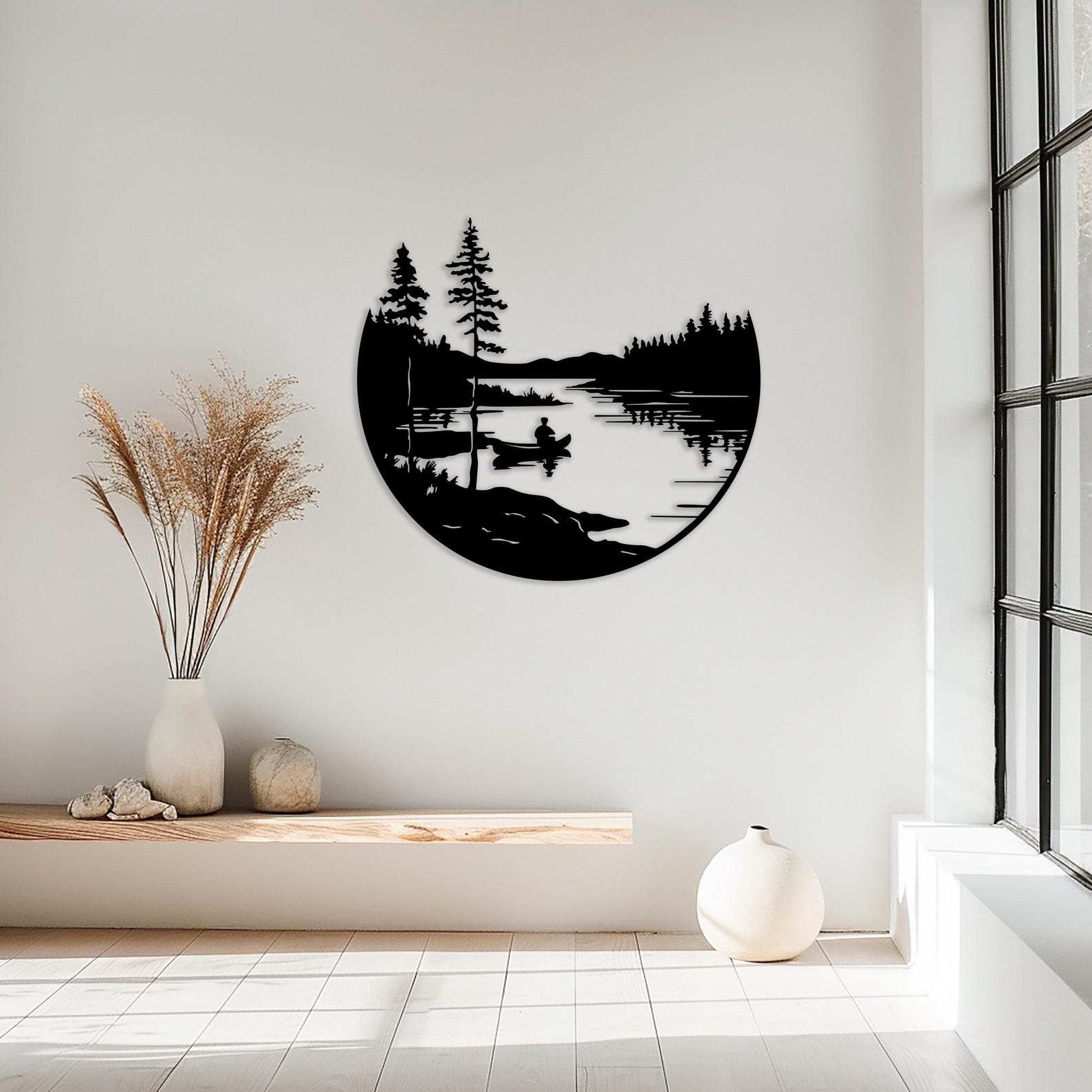 Canoe on Lake Round Wall Art SVG DXF | Mountain Nature Scene Metal ...