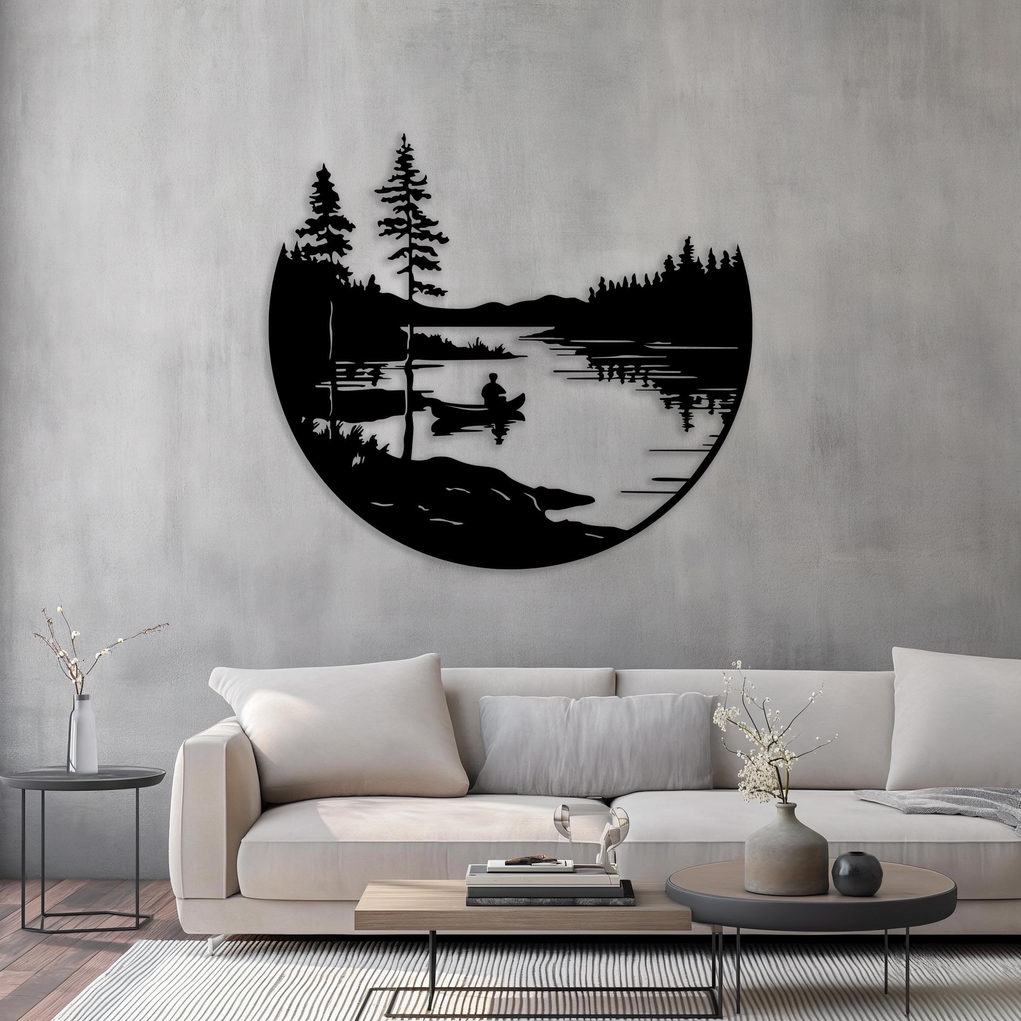 Canoe on Lake Round Wall Art SVG DXF | Mountain Nature Scene Metal ...