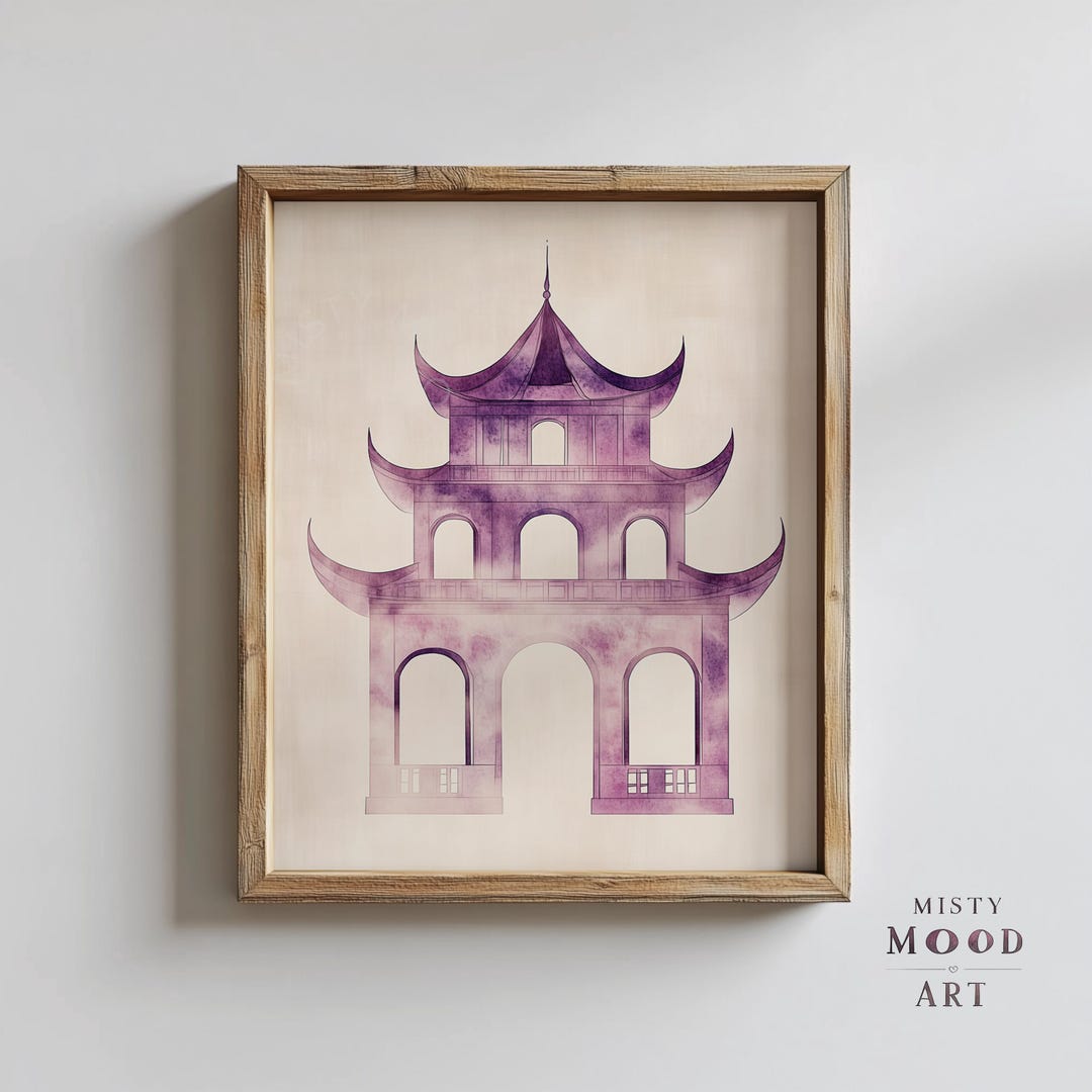 Printable Pagoda Watercolor Art - Oriental Ink Wash Painting, Purple ...