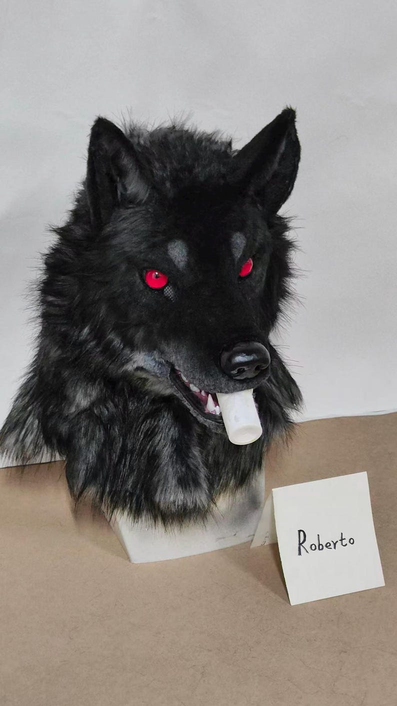 Custom Realistic Wolf Fursuit Head – Movable Jaw, Red Eyes, Handmade ...