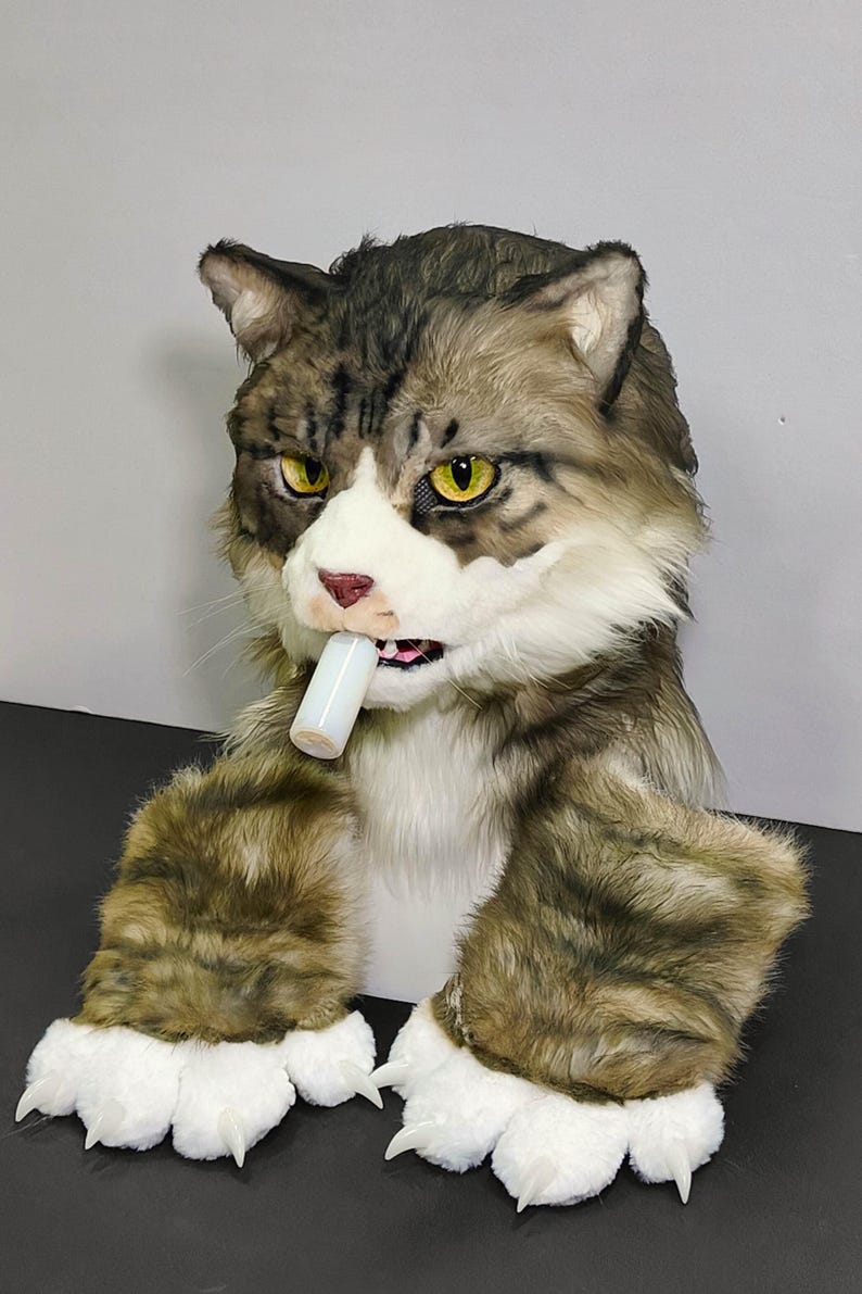 Realistic Cat Fursuit Head – Handmade Animal Mask, Soft Plush Cat ...
