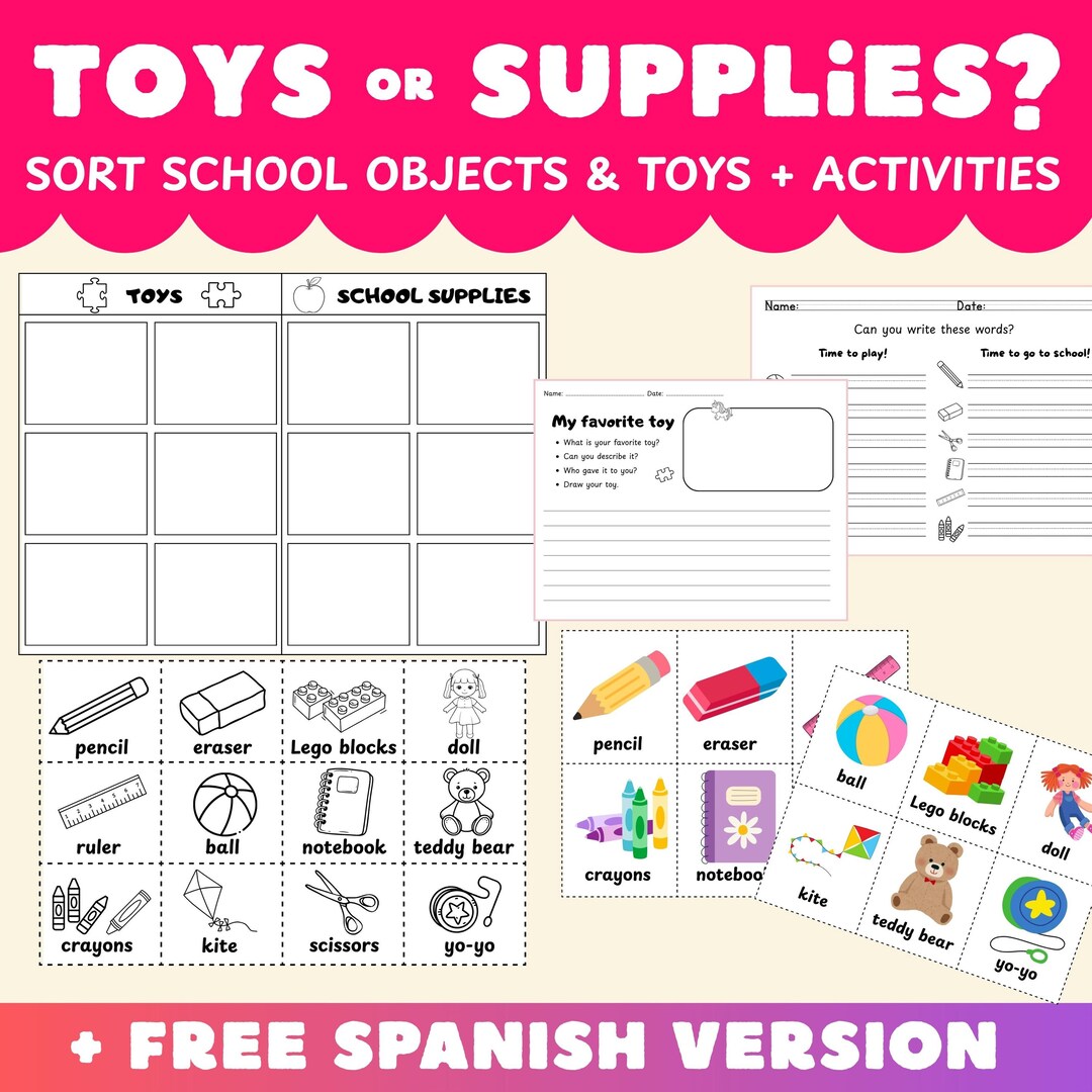 Sorting Vocabulary Toys or School Supplies - Flashcards Game Writing ...