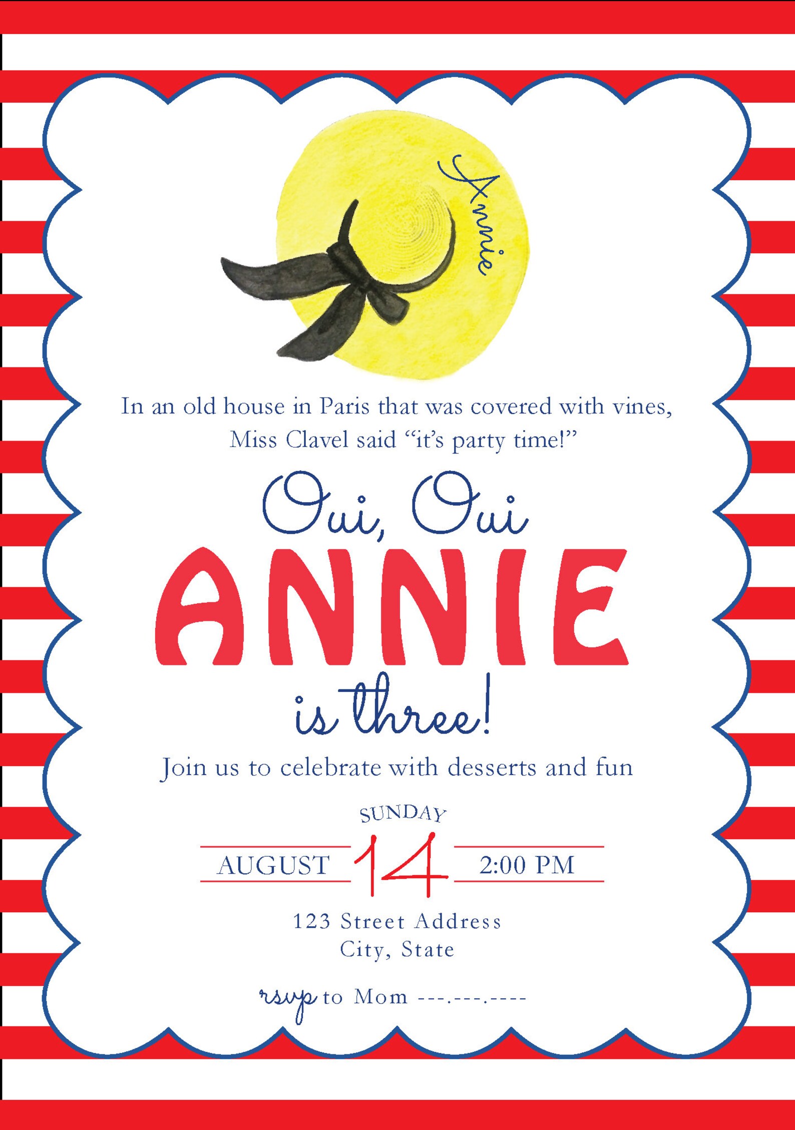 Red Stripe Madeline in Paris Theme Birthday Invitation for Third ...